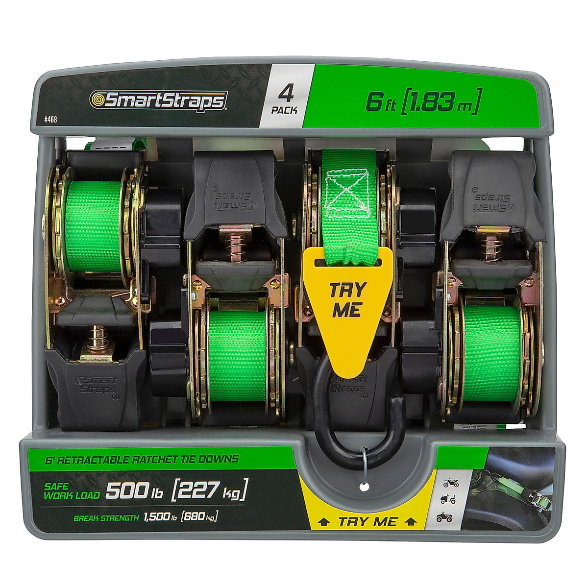 SmartStraps 6â€™ Ratchet Straps, 4 Pack â€” Standard Duty Retractable Tie-Down Straps â€” 1,500lb Break Strength, 500lb Safe Work Load â€” Haul ATVs, Lawn Tractors and Other Small Equipment