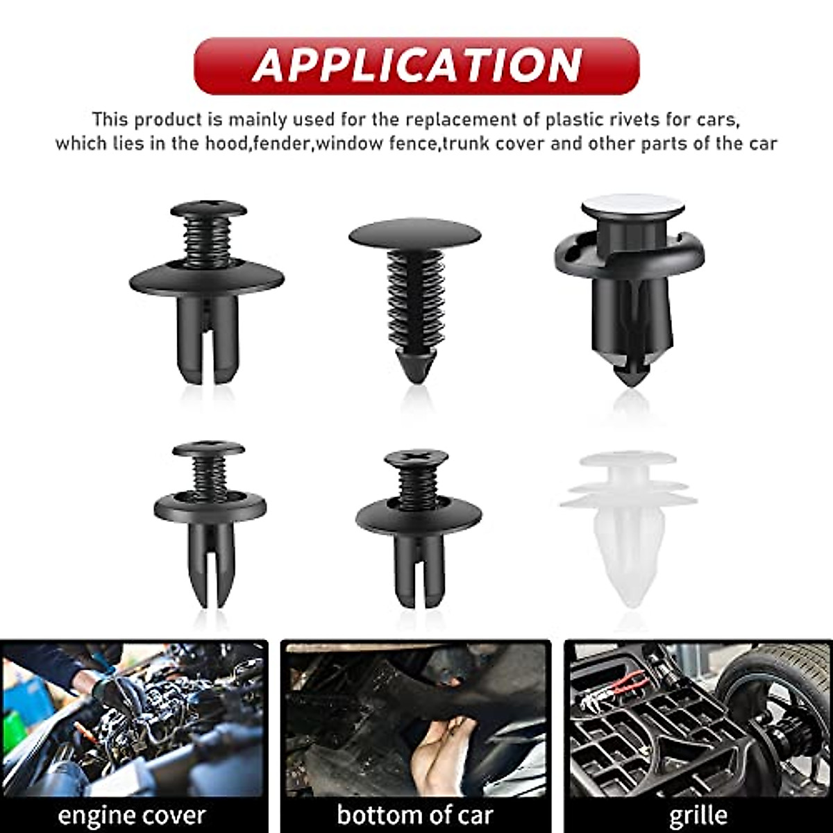 KCRTEK 120 pcs Bumper Clips 6mm 7.6mm 8mm 8.8mm 10mm Nylon Push Rivets,Plastic Rivets with Fastener Removal Sponge Cushions and Cable Ties