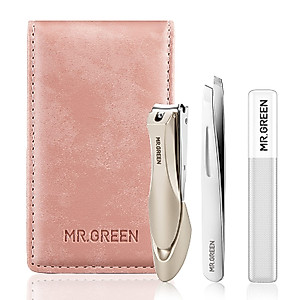 MR.GREEN 3pcs Stainless Steel Nail Clippers Set ，Pink Manicure Pedicure Set with Nail Clippers&Glass Nail File&Tweezers ，Medical Grade Grooming Kit with Travel Case Gift Box for Man and Woman