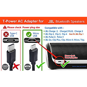 T-Power AC Adapter Charger for JBL Charge 3, Charge 2, Flip 4, Flip 3, Flip 2, Pulse 3, Pulse 2, Pulse, GO, Clip Plus, Clip, Micro II, Micro, Trip Portable Bluetooth Speaker Power Supply Cord Cable