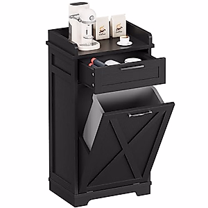 DWVO 10 Gallon Trash Cabinet with Storage Cabinet ＆ Drawer, Wooden Tilt Out Trash Cabinet Hidden Garbage Bin Cabinet, Tilt-Out Hamper for Kitchen Island, 20.5" W x 14" D x 39" H, Black