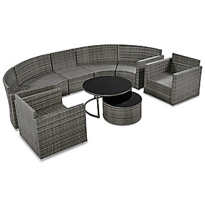 Bellemave 9-Piece Patio Sectional Set Half-Moon Sofa Set Gray Wicker Curved Outdoor Sofa with Gray Cushions & Nesting Coffee Table, All-Weather PE Wicker Semi-Circular Couch
