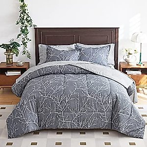 UOZZI BEDDING Cotton Gray Comforter Sheet Set Queen Size 7 Pieces Bed in a Bag with White Branch Soft Bed Set (1 Comforter 2 Pillow Shams 1 Flat Sheet 1 Fitted Sheet 2 Pillowcases)