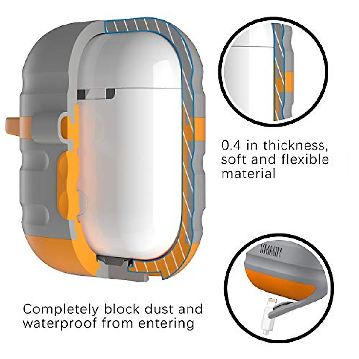 AirPods Case, KMMIN Waterproof AirPods Case Cover for Apple AirPods 1&2 Wireless Charging Case Premium Silicone Protective Case Skin Airpods Accesssories, LED Light Visible