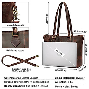 S-ZONE Vintage Genuine Leather Shoulder Bag Work Totes for Women Purse Handbag with Back Zipper Pocket Large