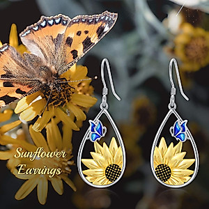 Sunflower/Dragonfly/Daisy Teardrop Dangle Earrings 925 Sterling Silver Boho Bohemian Sunflower Hook Earrings for Women Mothers Day Jewelry Gifts