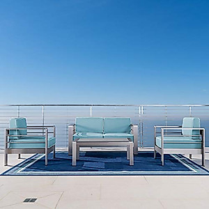 Christopher Knight Home Crested Bay Outdoor Silver Aluminum Framed Chat Set with Water Resistant Cushions, 4-Pcs Set, Light Teal / White / Silver