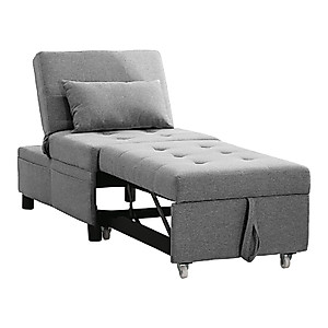 Mjkone 4-in-1 Sleeper Chair with Adjustable Backrest with Free Pillow, Pull Out Sofa Couch Bed with Memory Foam for Compact Living Room (No Assemble Need,Light Grey)
