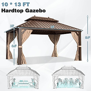 MELLCOM 10' x 13' Hardtop Aluminum Gazebo, Galvanized Steel Double Roof Metal Gazebo with Aluminum Frame, Brown Permanent Patio Gazebo with Curtains and Netting for Patios, Gardens, Lawns