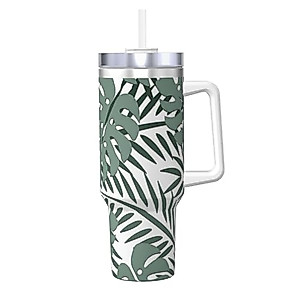 Xiexide 40oz Rustproof Outdoor Green Botanical Palms Leaves Double Walled Vacuum Insulatedith Handle And Straw,Hot & Cold Drinks
