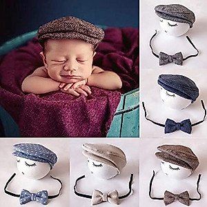 Newborn Baby Boy Flat Newsboy Cap and Bow tie Set Gatsby Cap Pageboy Golf hat (Grey)