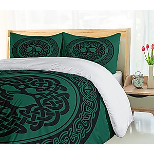 Ambesonne Celtic Duvet Cover Set, Monochrome Tree of Life Illustration Timeless European Motif, Decorative 3 Piece Bedding Set with 2 Pillow Shams, Queen Size, Forest Green Black