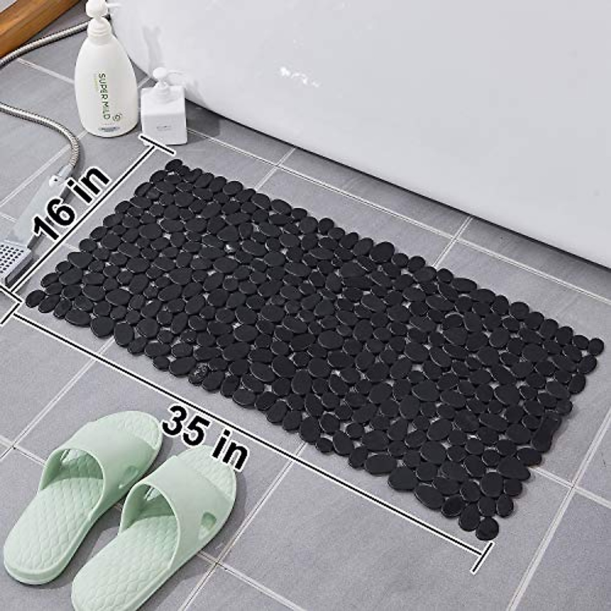 TreeBud Pebble Bathtub Mat, 35 x 16 Inches Non Slip Bath Mat for Shower Tub with Drain Holes and Suction Cups, Machine Washable Bathroom Mats (Black)