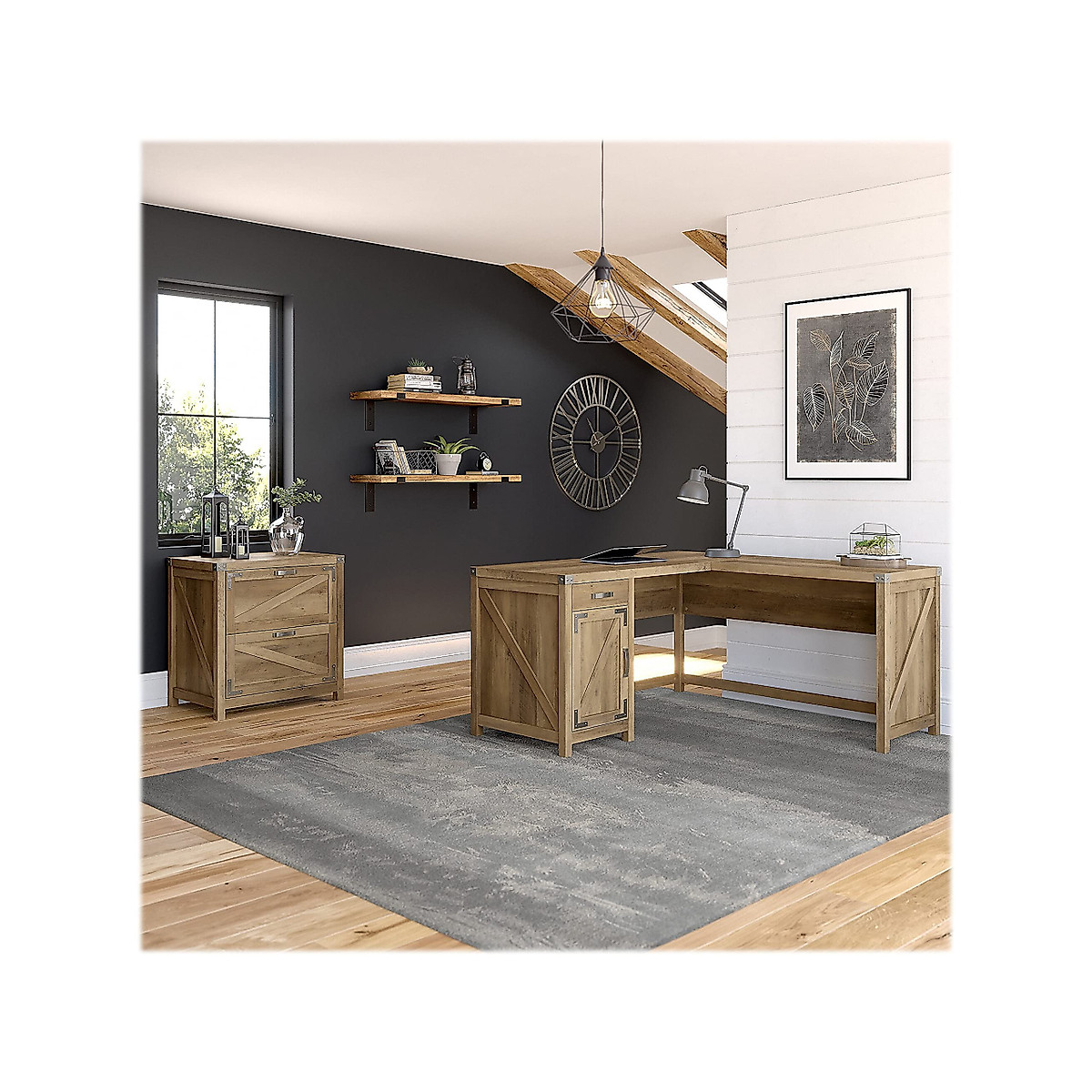 Bush Furniture Cottage Grove L Shaped Desk with 2 Drawer Lateral File Cabinet, 60W, Reclaimed Pine