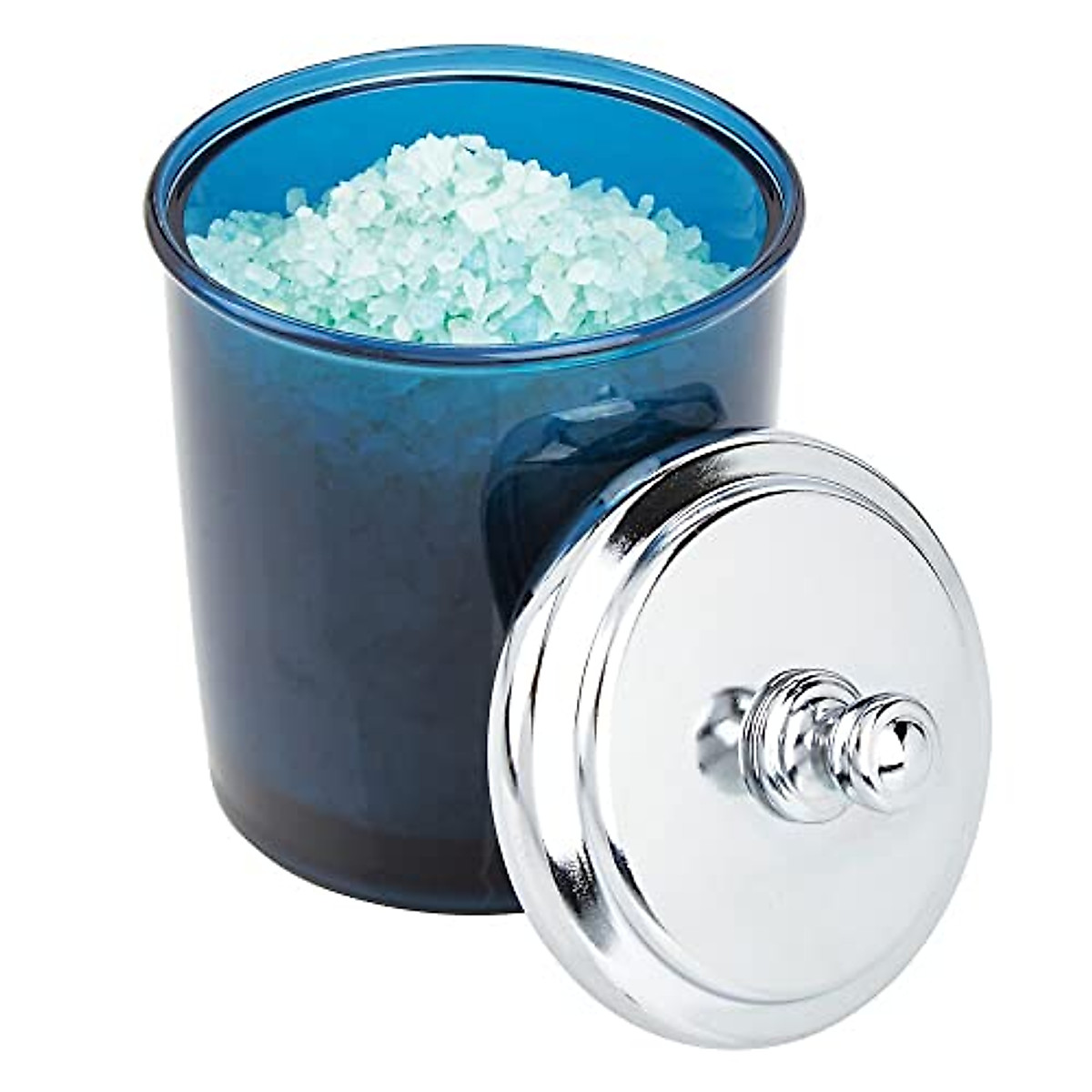 mDesign Bathroom Vanity Storage Organizer Apothecary Canister Jar for Cotton Balls, Swabs, Makeup Sponges, Bath Salts, Hair Ties, Jewelry - Dark Blue/Chrome Lid