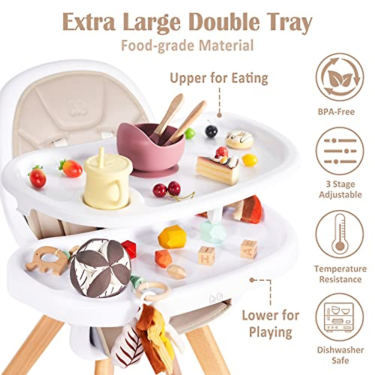 Baby High Chair with Double Removable Tray for Baby/Infants/Toddlers, 3-in-1 Wooden High Chair/Booster/Chair | Adjustable Legs | Easy to Assemble, Cream