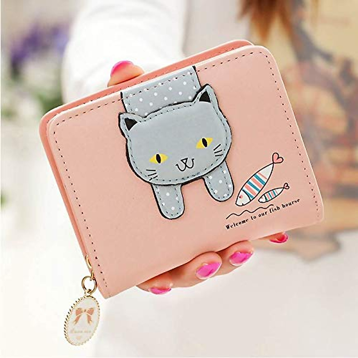 Ecohaso Wallets for Girls Women Purses for Teens Cute Cat Wallet Kitty Pattern Clutch Purse Coin Holder Card Organizer (Pink)