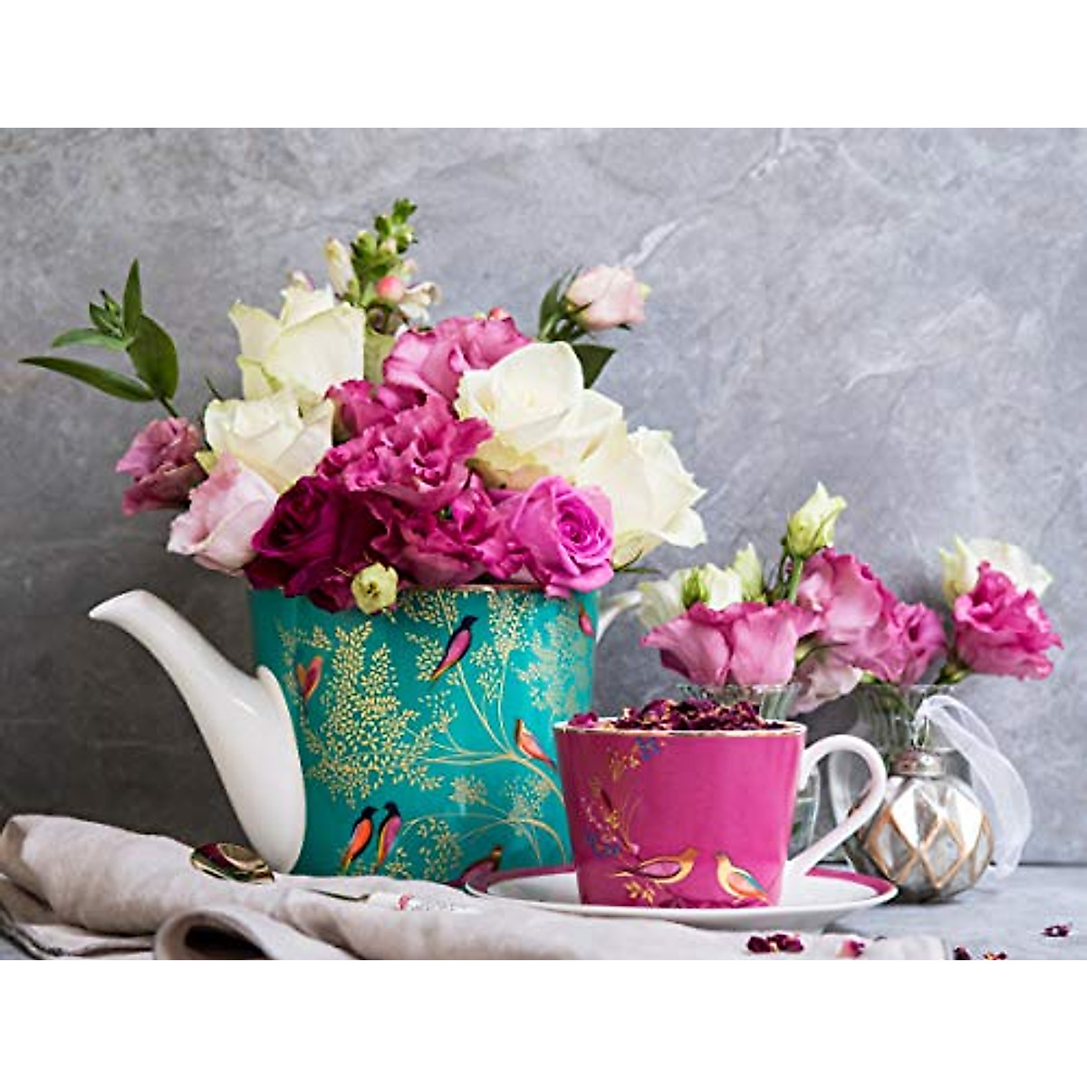 Portmeirion Sara Miller London Chelsea Teacup and Saucer, Pink | 8 Oz Cup for Drinking Tea and Coffee | Made from Fine China with Gold Detail | Handwash Only