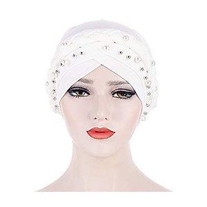 Fxhixiy Women Hijab Beading Pearl Braid Turban Hat Head Scarf Cancer Chemo Beanies Bandana Headwrap Cap (White)