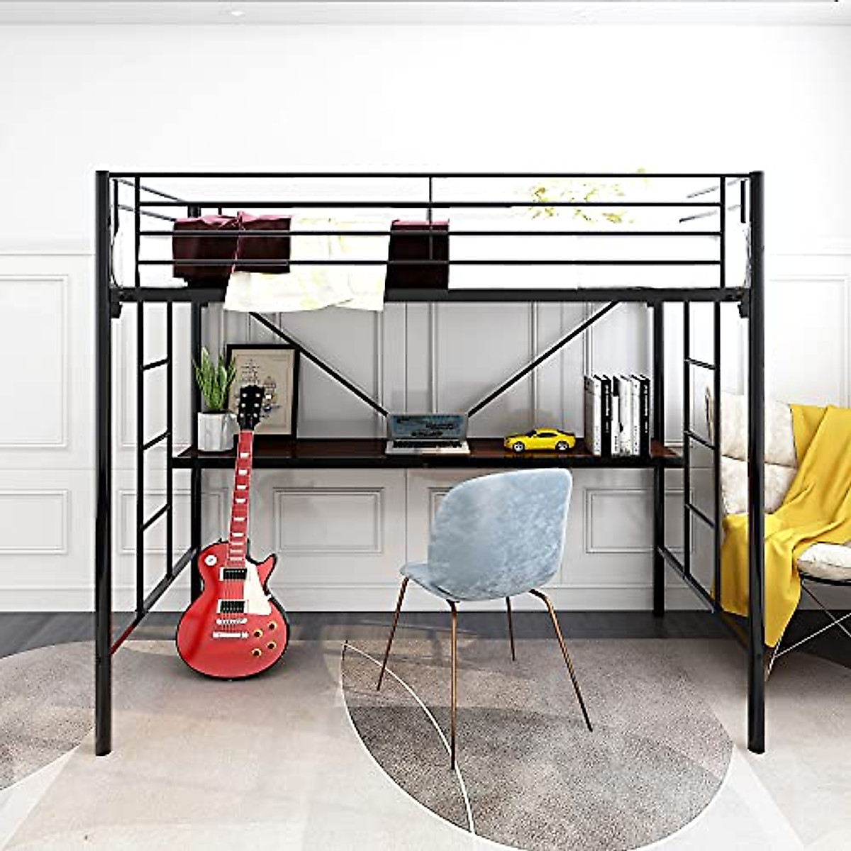 HAHRIR Metal ​Loft Bed Multifunctional Modern Loft Bed ,with Desk and with Length Guardrails Twin Size Black