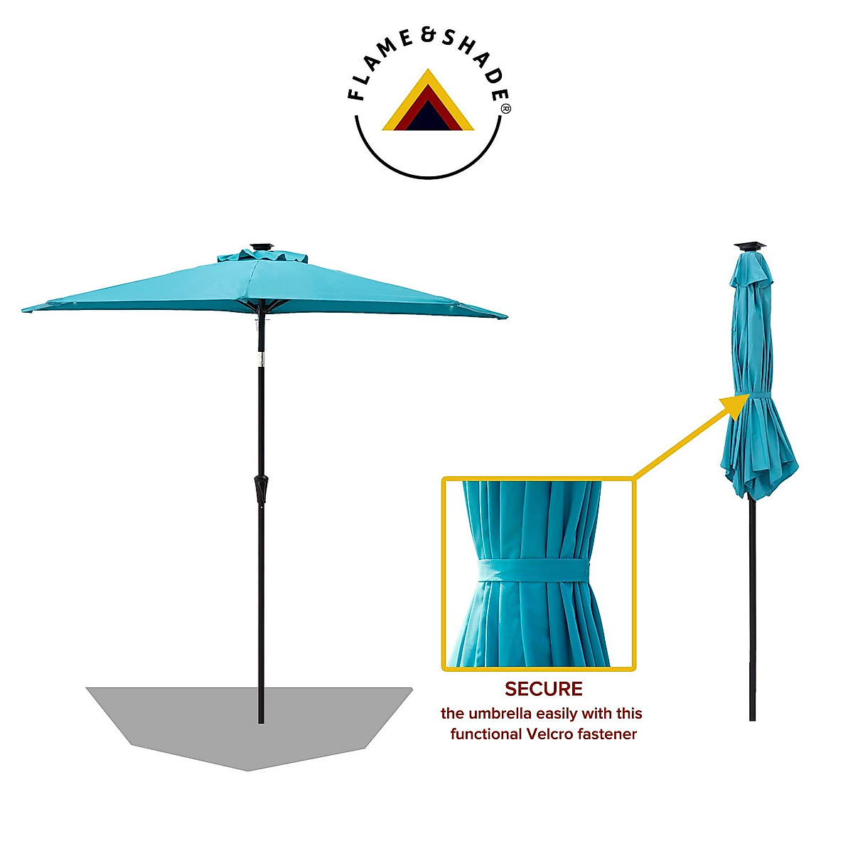 FLAME&SHADE 9 ft Half Round Solar Powered Outdoor Market Patio Table Umbrella for Wall Balcony with LED Lights and Tilt, Aqua Blue