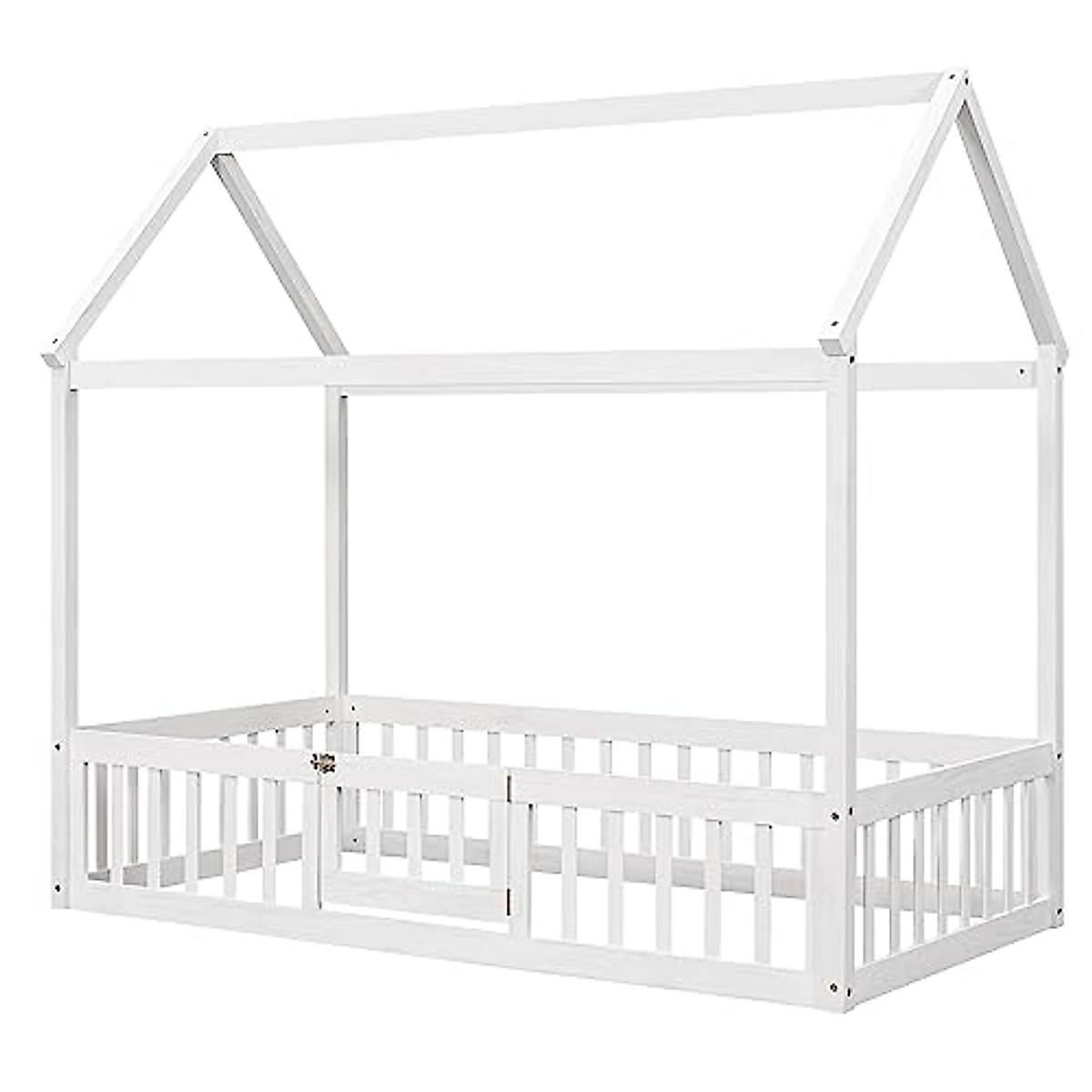 Merax Twin Size Wood House Bed with Fence and Door, Wooden Bedframe with Roof for Teens, Boys or Girls, White