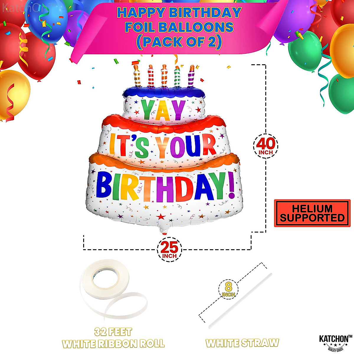KatchOn, Giant Happy Birthday Balloon - 40 Inch, Pack of 2 | Happy Birthday Printed Balloons | Yay Balloon for Happy Birthday Decorations | Happy Mylar Birthday Balloons, Rainbow Birthday Decorations