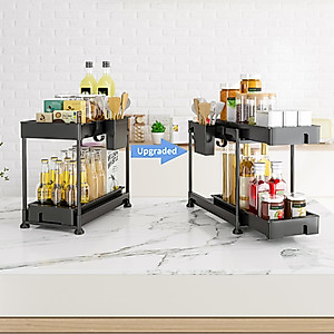 Inxhbow Double Sliding Cabinet Organizer, 2 Tier Pull-out Under Sink Organizers and Storage, Bathroom Organizer and Kitchen Cabinet Storage Organizer with 2 Hooks and Hanging Cup, Black