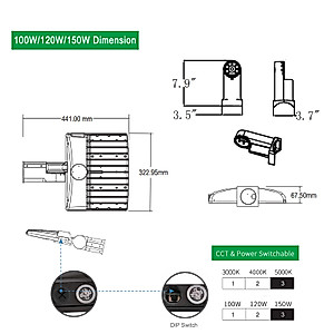 HYPAILUSLED 100W 120W 150W Power Switchable LED Parking Lot Light 3000K 4000K 5000K CCT Selectable Outdoor Commercial Street Area Lighting Fixtures Type 3 Bronze 100-277V (DM2 Bracket for Round Pole)