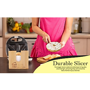 Bagel Slicer for Small and Large Bagels - Bamboo Bread Slicer w/Two Plastic Inserts & Non-Slip Silicone Pad - Adjustable Bagel Cutter Slicer - Moisture Resistant & Thick Base Bagel Holder for Slicing