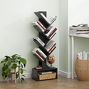 Hoctieon 6 Tier Tree Bookshelf, 6 Shelf Bookcase with Drawer, Free Standing Tree Bookcase, Display Floor Standing Shelf for Books, Book Organizer Shelves for Home Office, Black