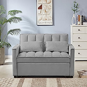 UFINEGO Sleeper Sofa Bed with Pull-Out Couch Bed, Convertible Loveseat Velvet Sofa Couch with 2 Lumbar Pillows for Small Spaces, Gray