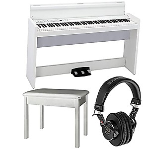 Korg LP-380 88-Keys Grand Digital Piano, White Bundle with Piano Bench, H&A Versa Professional Studio Monitor Headphones