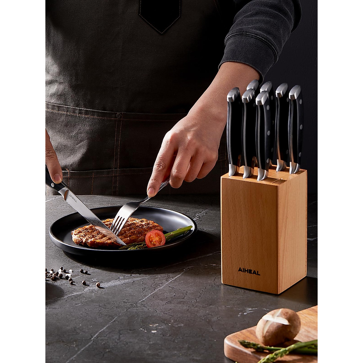 Aiheal Steak Knives Set of 8 with Beech Knife Block, 4.5 Inch Steak Knives with Unique Damascus Pattern, Non Serrated Stainless Steel Steak Knife Set, Full Tang Handle Design for Kitchen Dinner