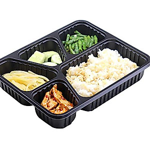 Hemoton 30pcs Disposable Bento Box 5 Compartment Meal Prep Container with Lid Microwave Heating Food Box for Home Restaurant (Black)