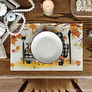 Artoid Mode Maple Leaves Pumpkins Buffalo Plaid Truck Placemats Set of 8, 12x18 Inch Fall Autumn Thanksgiving Harvest Table Mats for Dining Decoration