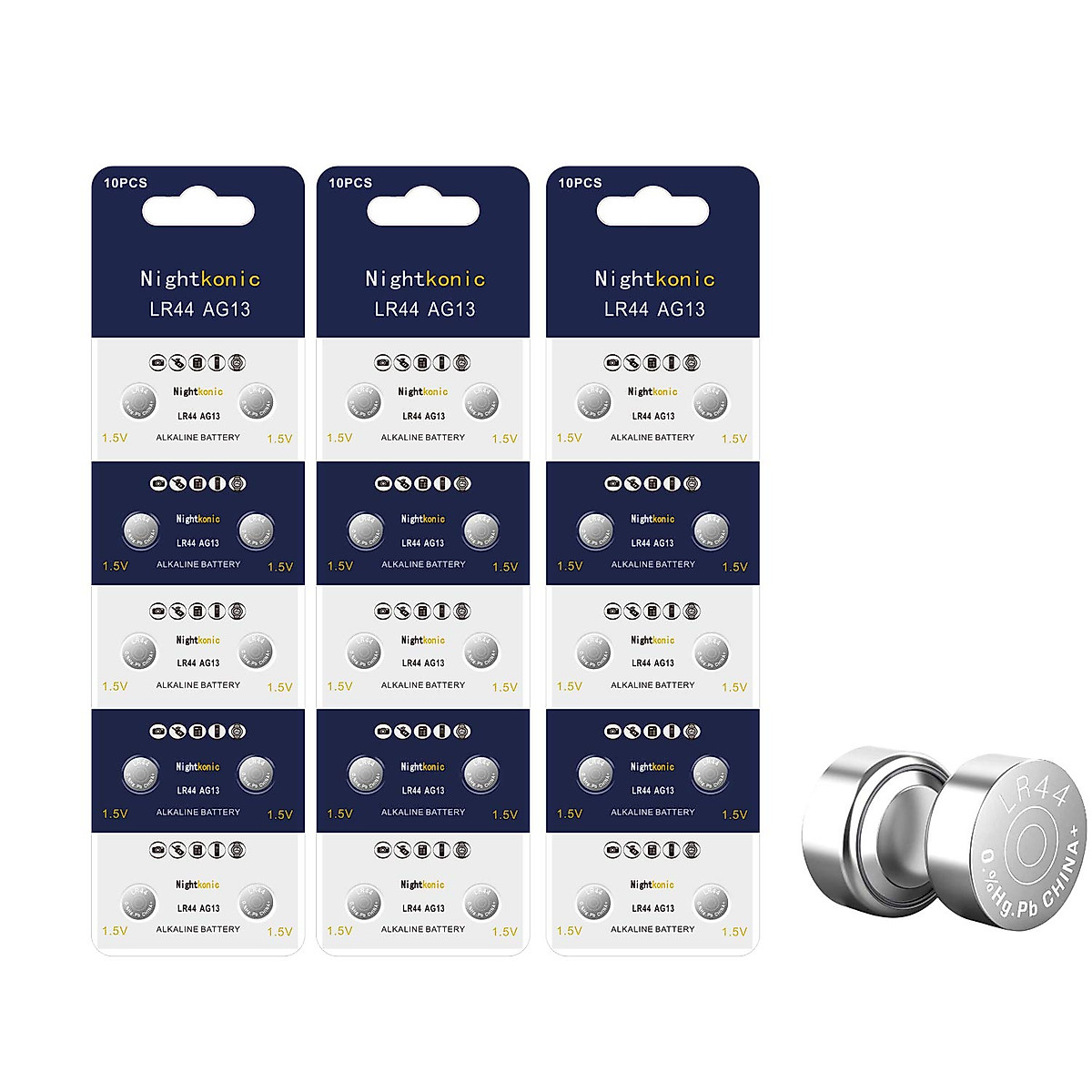 Nightkonic 30 Count - LR44 AG13 357 SR44 A76 303 Battery 1.5V Button Coin Cell Batteries