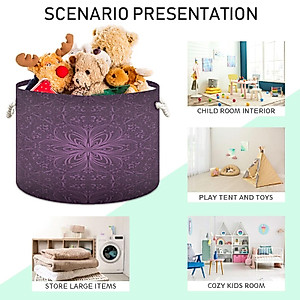 Storage Basket with Cotton Rope Handles Purple Floral Pattern Large Laundry Basket Baby Blanket Basket Toy Clothes Organizer for Living Room, Laundry, Nursery