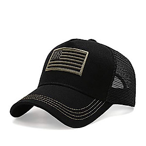 Uphily Black US American Flag Trucker Cap - Mid Profile Curved Bill Patriotic Mesh Dad Hat for Men Women