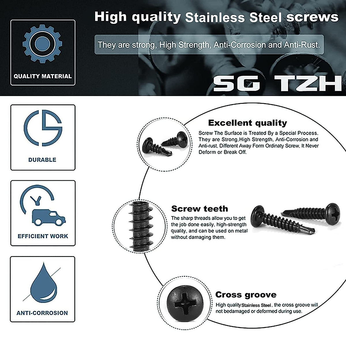 #8 x 3/4" Sheet Metal Screws 100Pcs 410 Stainless Steel Pan Head Tek Screws Fast Self Tapping Screws Black Oxide by SG TZH