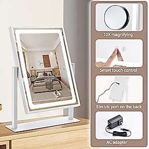 IBRIGHTSO Vanity Mirror with Lights, Hollywood Makeup Mirror with Lights, Touch Control, 3 Color Lighting Modes, Dimmable, Detachable 10X Magnification Mirror, 360° Rotation (16in, White)