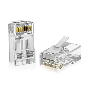 iwillink 100-Pack RJ45 Cat6 Pass-Through Connectors, Gold-Plated Ethernet Crimp Plugs for Solid and Stranded Wire, UTP Network Cable Termination