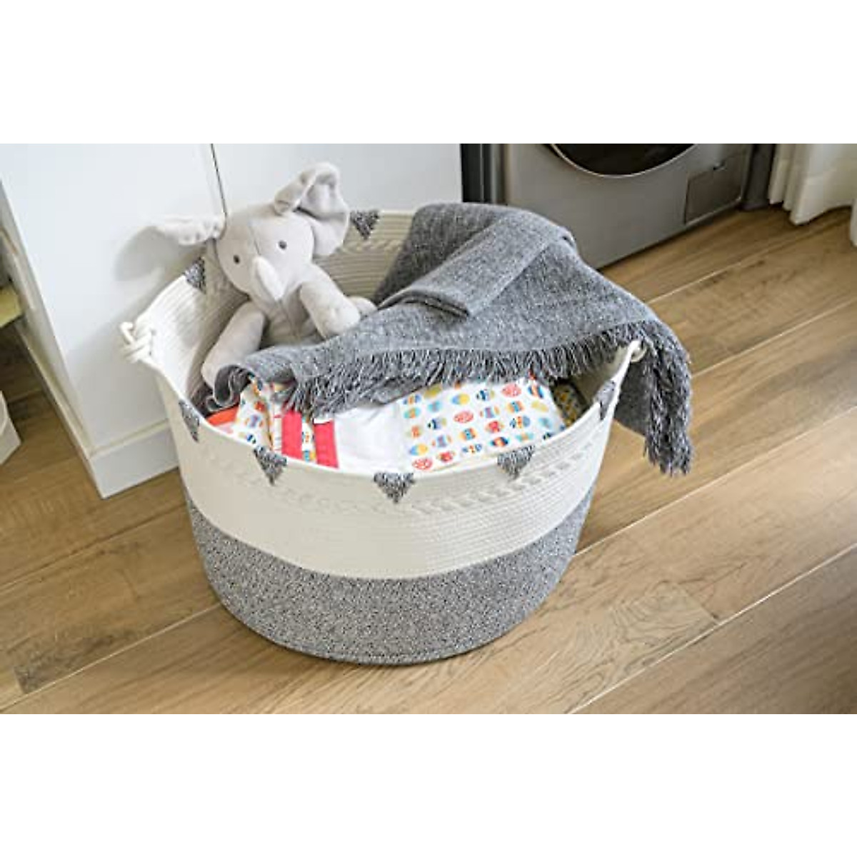 Decospark XXXL Cotton Rope Basket For Toy And Blanket Storage| 21.7" x 13.8" | Soft Long Handles | Decorative Home Organizer Ideal For Living Room, Baby Clothes And Laundry (Grey and White)