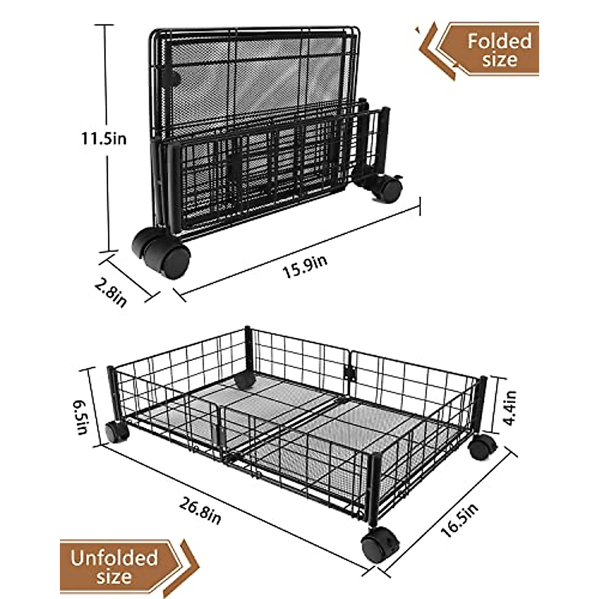 Under Bed Storage with Wheels, Underbed Storage Containers, Foldable Bedroom Storage and Organization with Handles, Underbed Storage Drawer for Shoes, Clothes, Toys, Blankets and Bedding (2 Pack, Black)