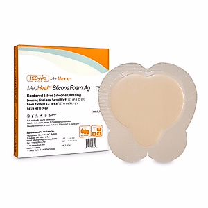 Bordered Silver Silicone Ag Sterile Highly Absorbent Antibacterial Dressing, Sacral,Sacrum, 9"x 9" (6.6"x 6.4" Pad), 5 dressings/Box, MedHeal by MedvanceTM