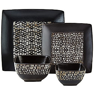 Elama Square Stoneware Pattern Dinnerware Dish Set, 16 Piece, Matte Black and Tan Tile