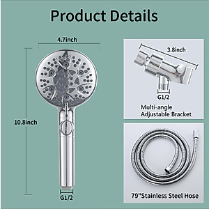 WHZeffect Handheld Shower Heads with ON/OFF Switch,Extra Long 79-inch Hose 8 Spray Settings High Pressure Detachable Showerhead,Built-in Power Sprayer to Clean Pets, Adjustable Angle Bracket,Silver