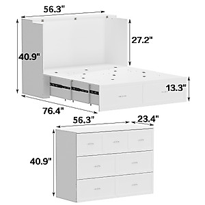 ECACAD Multi-Functional 2-in-1 Murphy Cabinet Bed, Full Size Bed Frame Murphy Bed Chest with Built-in Power Strip & 3 Drawers, Full Foldable Platform Bed, White