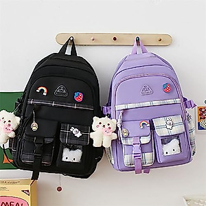 LsdgFriday Kawaii Backpack Set 5Pcs Canvas Plaid School Bag with Cute Pendants Pins Accessories for Teen Girls Aesthetic Backpack Shoulder Tote Bags Daypack for Back To School