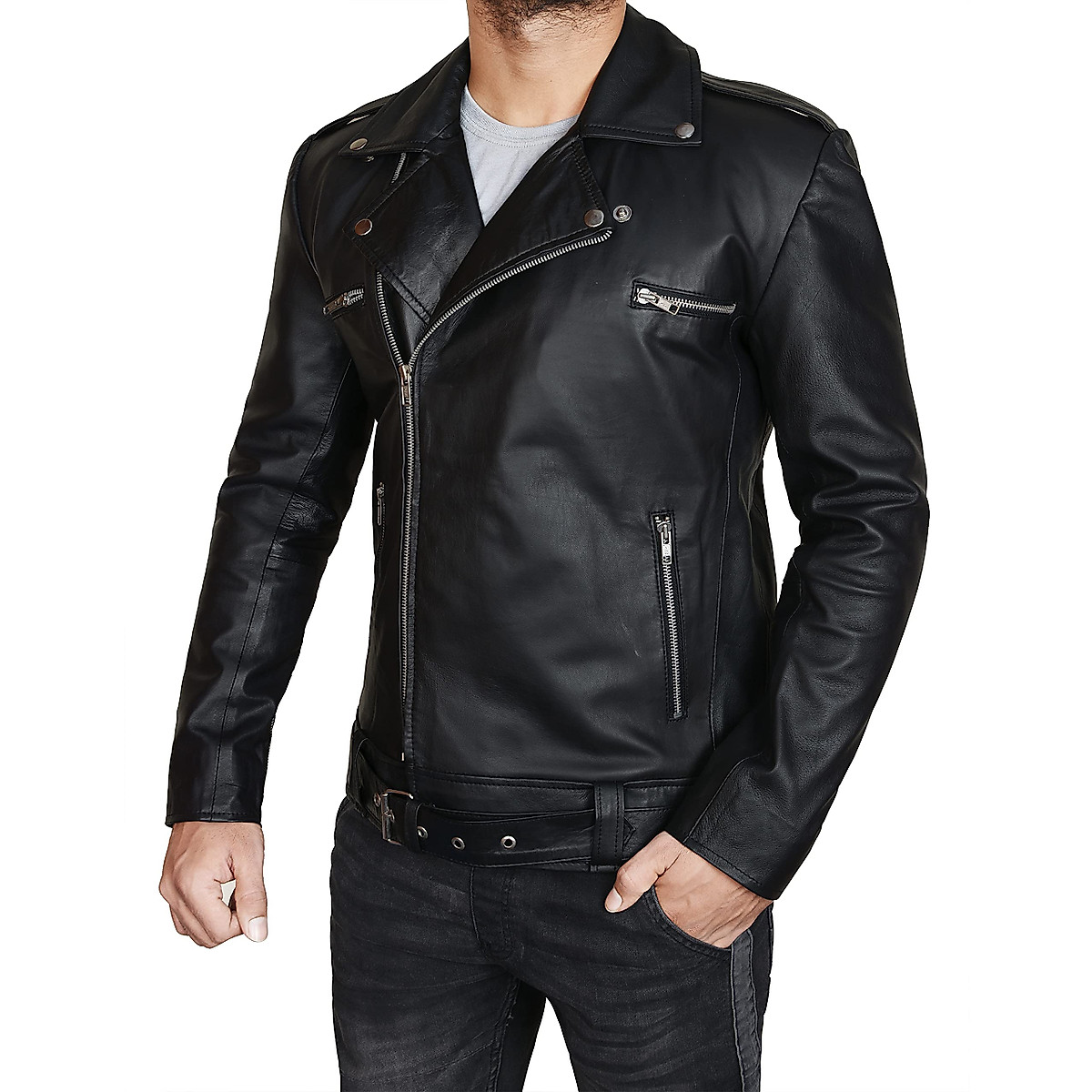 Prime-Fashion Men's Negan Walking S7 Black Brando Jeffrey Dean Morgan Motorcycle Slim Fit Genuine Leather Biker Jacket